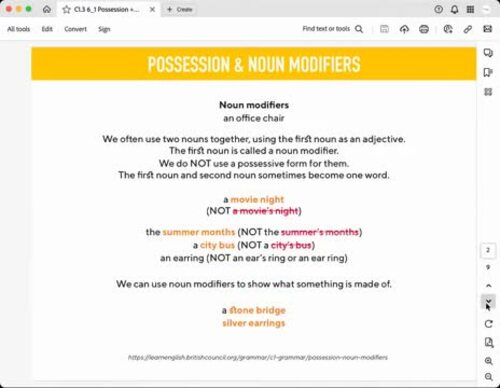 ESL Advanced Lesson Learn Possession Noun Modifiers By ESL Class Workshop