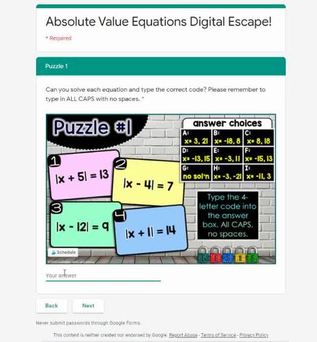 Absolute Value Equations Digital Math Escape Room Activity Activity
