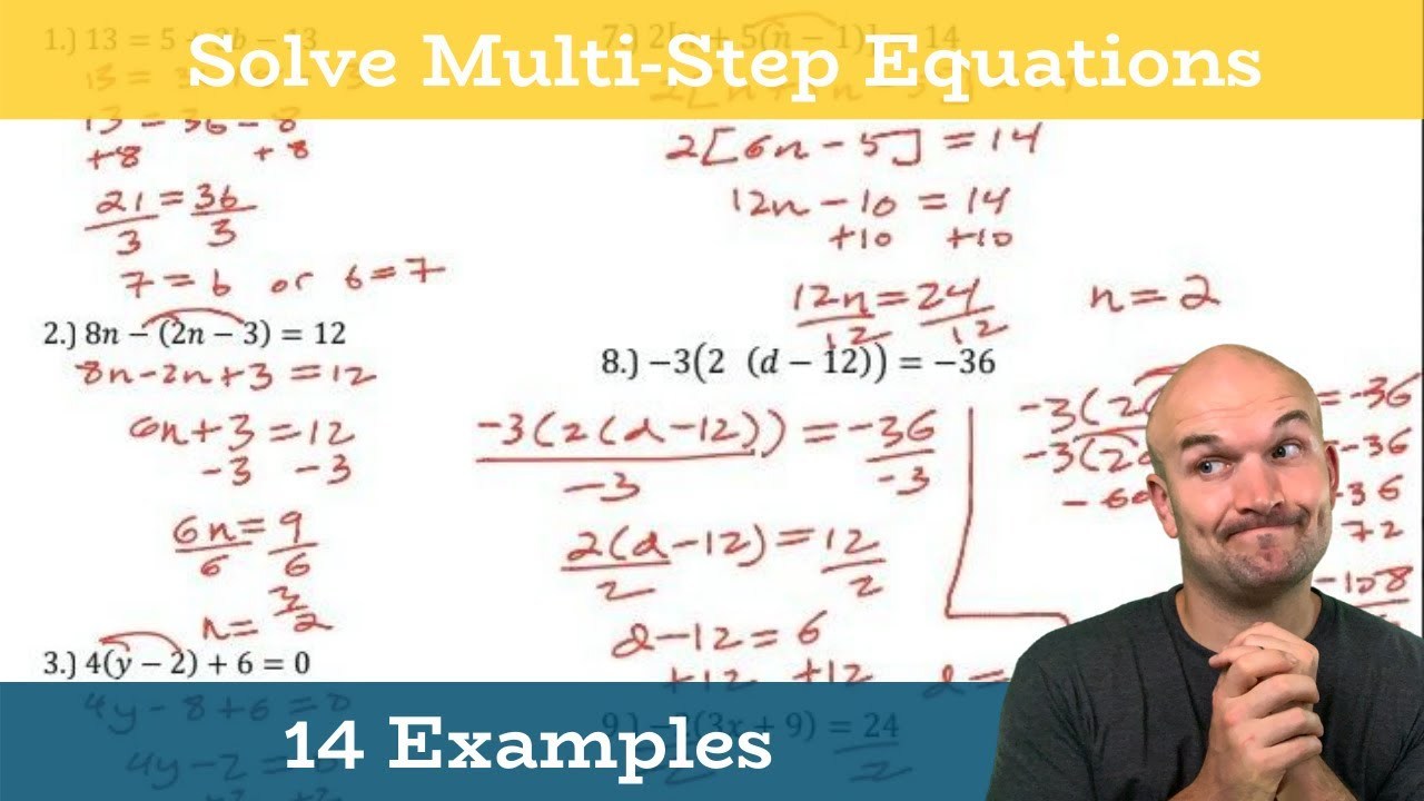Solve Multi-Step Linear Equations Worksheet | 14 Examples | Maths