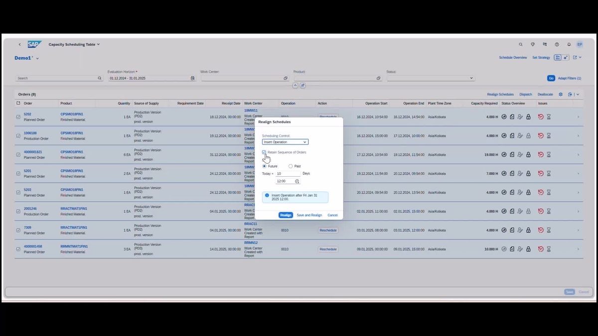 SAP Video - 2502 | Capacity Scheduling Table Realignment | Manufacturing