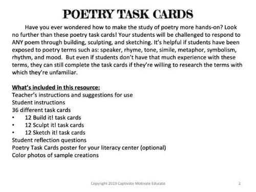 Poetry Task Cards for ANY Poem! Literacy center, hands-on, build ...