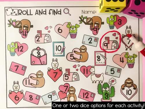Valentine's Dice Activities: Roll and Color, Write, Trace, Dab, and Find!