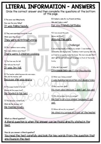 Implied vs Literal Questions - Worksheets with Answers | TpT