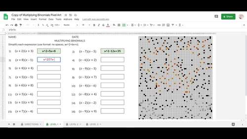 Google Sheets Digital Pixel Art Math Multiplying Binomials by Algebra ...