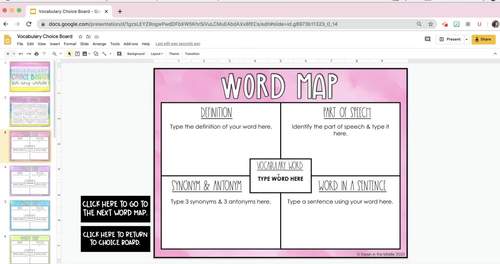 Vocabulary Digital Choice Board (Distance Learning) by Swain in the Middle