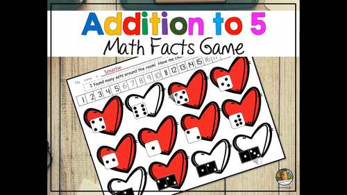 Math Centers Number Sense Addition to 5 Math Facts Game Valentine Hearts