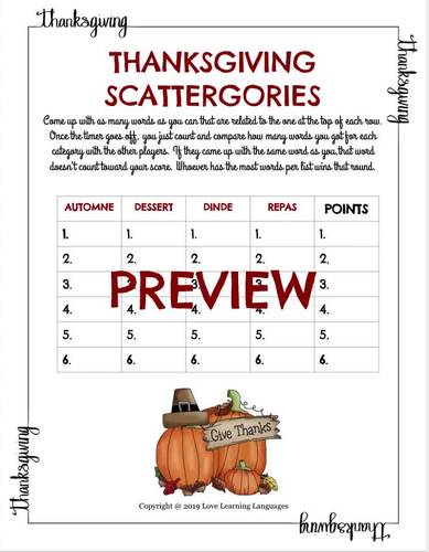 French Thanksgiving Vocabulary Catergories - Scattergories Games - Jour ...
