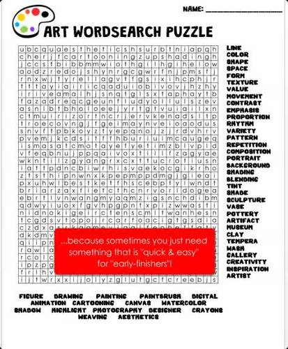 WORD SEARCH Art Elements 50 Vocabulary Words "Early-Finisher" Sub Plan ...