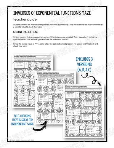Exponential Inverse Functions Practice Activity by Math Beach Solutions