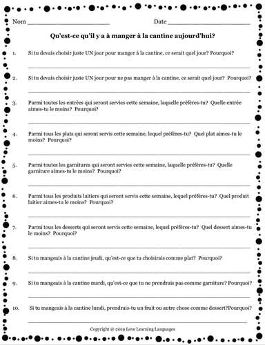 French School Lunch Menu Activities - French and English | TPT