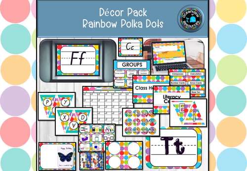 CLASSROOM DECOR I RAINBOW POLKADOT I labels, signs, posters and charts