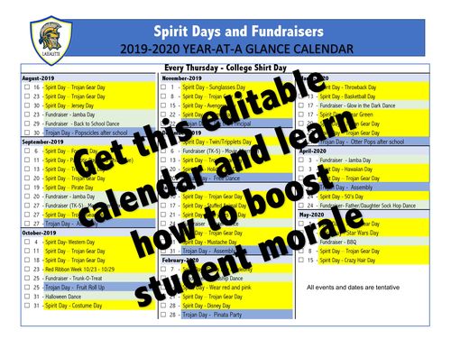 Editable school year activity calendar by CGR Educational Consulting
