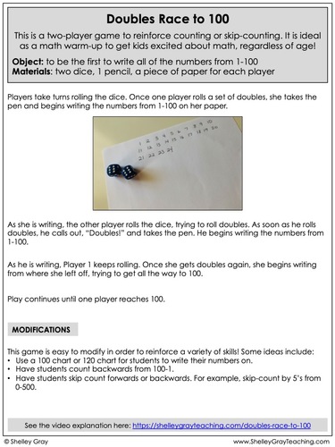 Doubles Race to 100: Math Dice Game by Shelley Gray | TpT