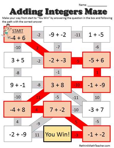 Maze Worksheets - Adding, Subtracting, Mult and Div Integers, and 1 ...
