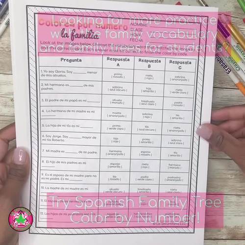 Spanish Family Vocabulary Activities | Color By Number | Colorea por número