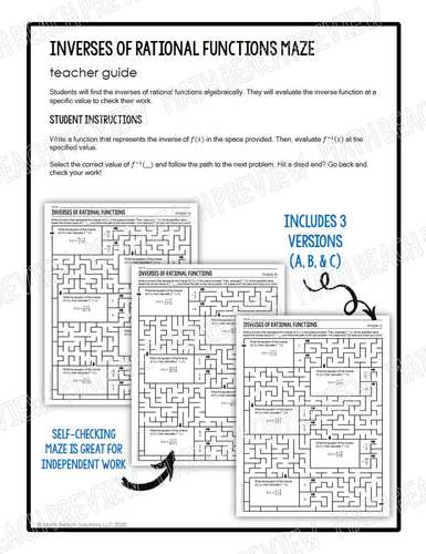 Rational Inverse Functions Practice Activity by Math Beach Solutions