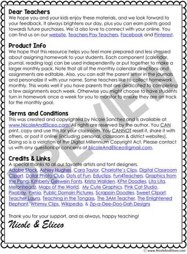 Editable Fall Kindergarten Homework Calendar by Nicole and Eliceo