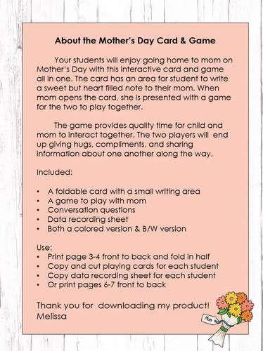 Mother's Day Card & Game 2nd 3rd Grade by The Teaching Q- Melissa Qualle