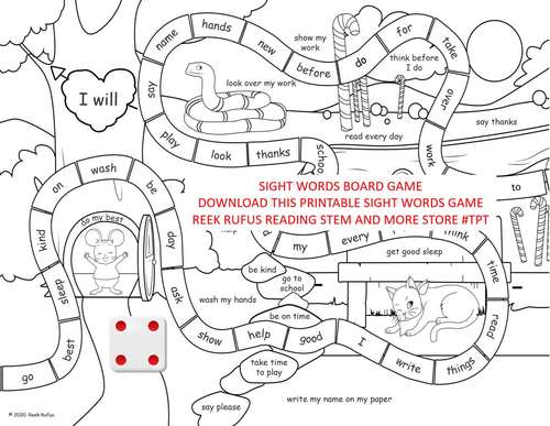 SIGHT WORDS BOARD GAME PRINTABLE by Reek Rufus Reading STEM and More Store