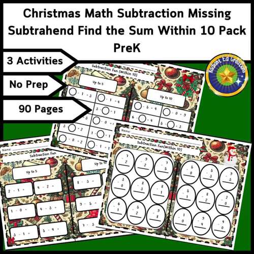 Christmas Math Subtraction Missing Subtrahend Find the Sum Within 10 ...