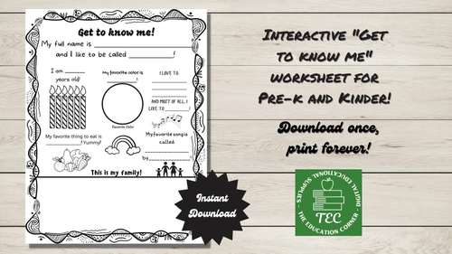 Printable "Get to Know Me" Worksheet for Pre-k and Kinder! | Instant ...