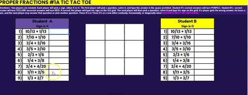 Proper Fractions Digital Google Sheetsᵀᴹ and Print Tic Tac Toe Game