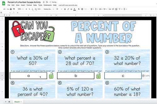 Percent of a Number Self-Checking Digital Escape Activity - Percent ...
