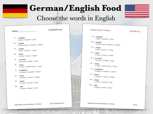 German/English food vocabulary Multiple Choice | TPT