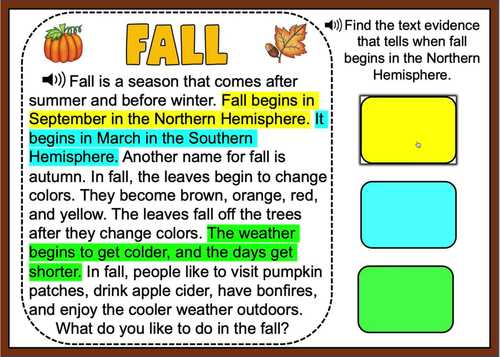 Fall Nonfiction Finding Text Evidence Task Cards Digital Reading Boom Cards