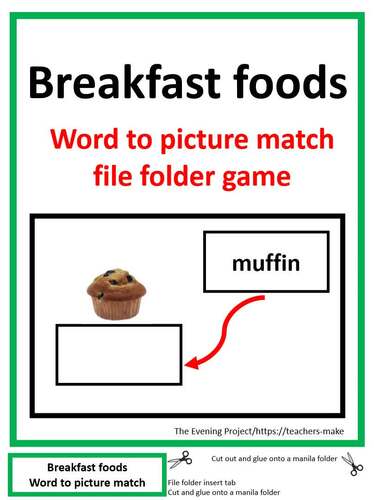Breakfast foods word to picture match file folder for Special Education