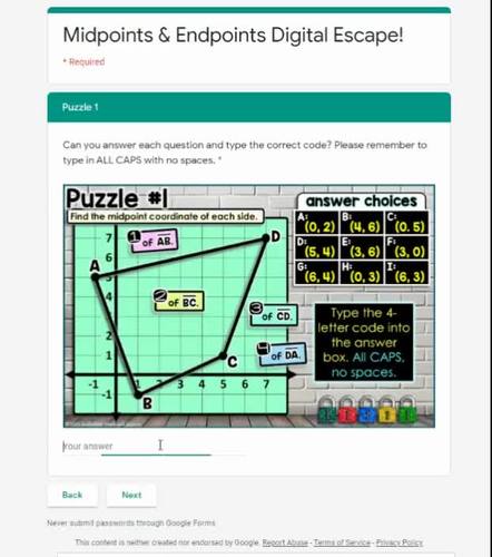 Finding Distance Midpoints and Endpoints Digital Math Escape Room Activity