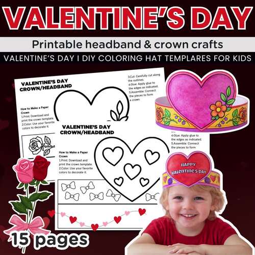 Valentine’s Day Heart Headband & Crown Craft, Fun DIY Coloring Hat ...