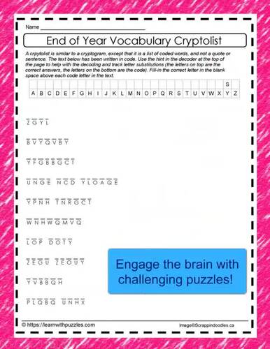 End of Year Activities, EOY Puzzle Worksheets, 6th, 7th, 8th Grades