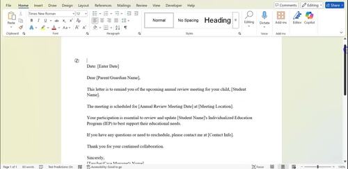 IEP Annual Review Reminder Letter | Editable Parent Meeting Notice
