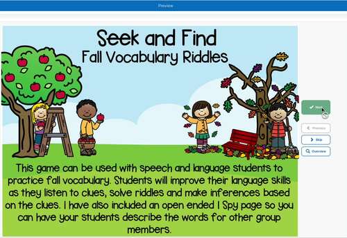 Seek and Find Fall Vocabulary Riddles Speech Therapy Printable Game ...