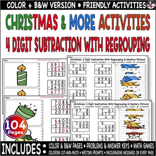 Christmas with regrouping 4 digit Subtract game color cut & paste code ...