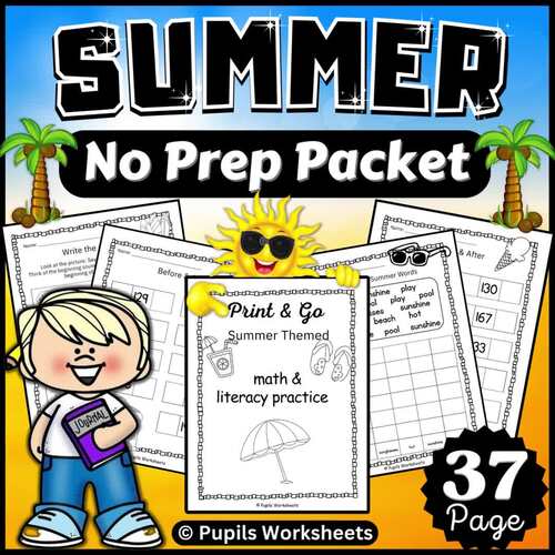 Summer Packet NO PREP Review - Math and Literacy Summer No Prep Worksheets