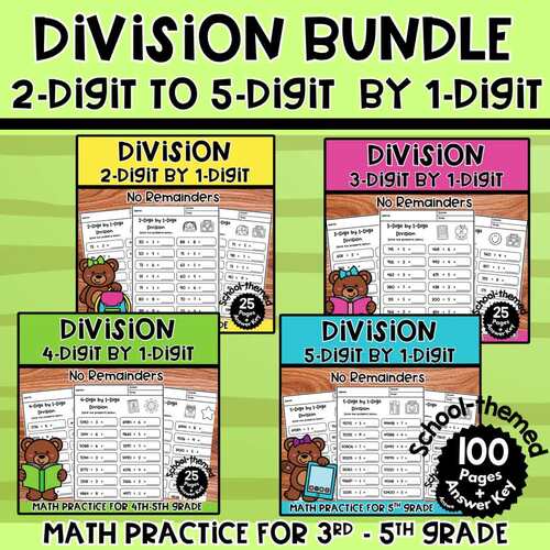 Division Worksheet Bundle | 2-Digit to 5-Digit by 1-Digit Division No ...