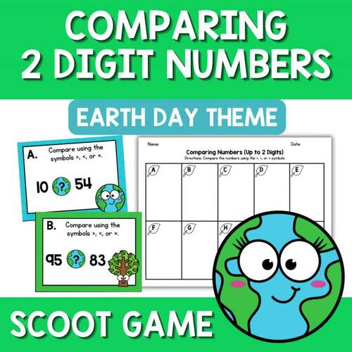 Earth Day Comparing 2 Digit Numbers Scoot Game Task Cards Greater ...