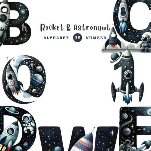Rocket & Astronaut Watercolor Alphabet Clipart by Adorable Clipart