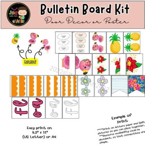 Flamingo Bulletin Board Kit Summer Back To School Flock Door Decor Editable