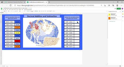 Cute Giraffe Decimal Addition and Subtraction Pixel Art Mystery Reveal