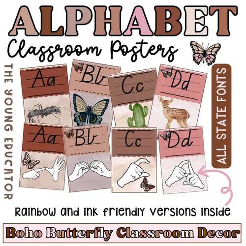 Alphabet Posters | Inclusive Auslan & ASL | Boho Butterfly Classroom Decor