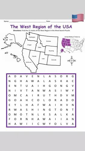 REGIONS OF THE UNITED STATES PRINTABLE MAPS AND WORD SEARCH PUZZLES BUNDLE