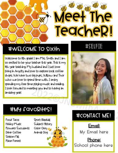 Meet the Teacher BEE Template, Classroom Decor , EDITABLE by JNC with Art