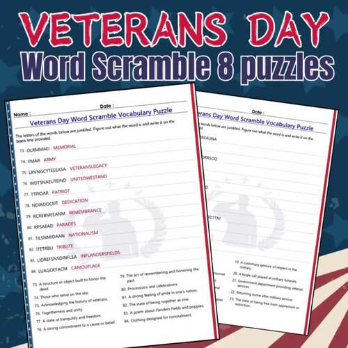 VETERANS DAY Word Scramble 8 Puzzles Vocabulary Fun FAMOUS VETERANS No prep