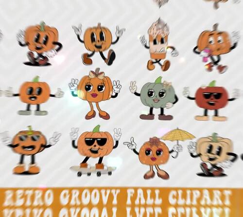 Retro Fall Clipart Bundle, Groovy Autumn Clip Art Files, Fall Digital ...