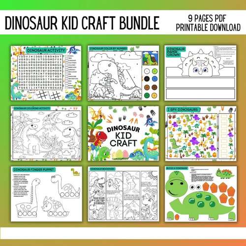 Dinosaur Craft Kit for Kids | Printable Activity Bundle | Coloring, Games