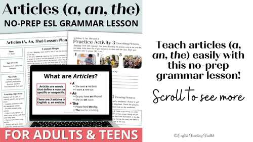 Adult ESL Beginner Grammar Worksheets, Activities & Lesson Plan - Articles