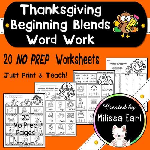 Thanksgiving Beginning Blends Worksheets Science of Reading No Prep!
